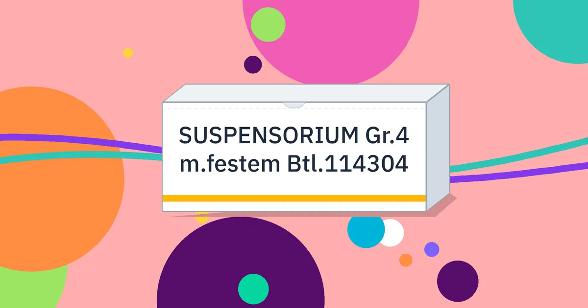 Symbolbild: Packung mit der Aufschrift SUSPENSORIUM Gr.4 m.festem Btl.114304 (PZN 04608827) – Verfügbarkeit und Bezug in Apotheken in Frankfurt am Main