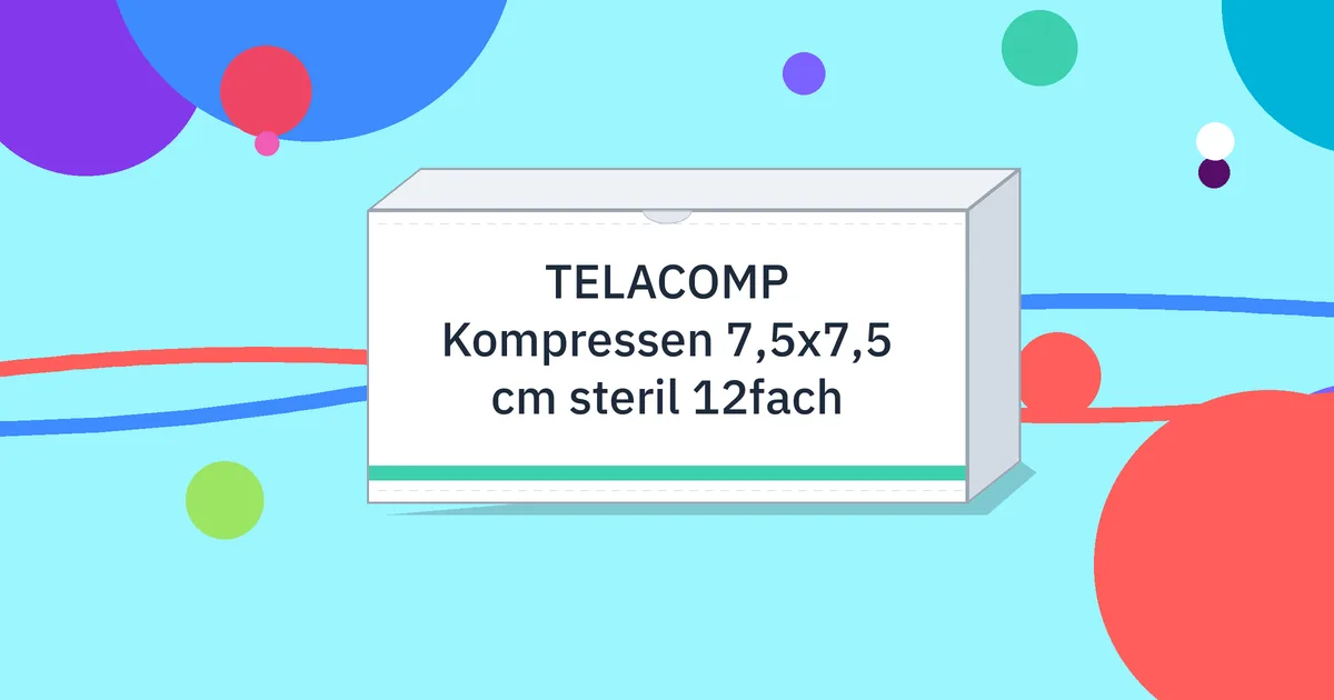 Symbolbild: Packung mit der Aufschrift TELACOMP Kompressen 7,5x7,5 cm steril 12fach (PZN 03543563) – Verfügbarkeit und Bezug in Apotheken in Frankfurt am Main
