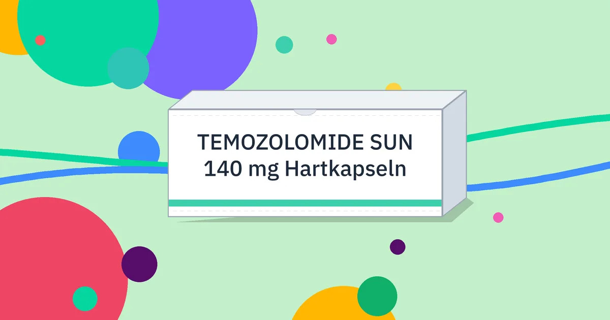 Symbolbild: Packung mit der Aufschrift TEMOZOLOMIDE SUN 140 mg Hartkapseln (PZN 18665094) – Verfügbarkeit und Bezug in Apotheken in Frankfurt am Main