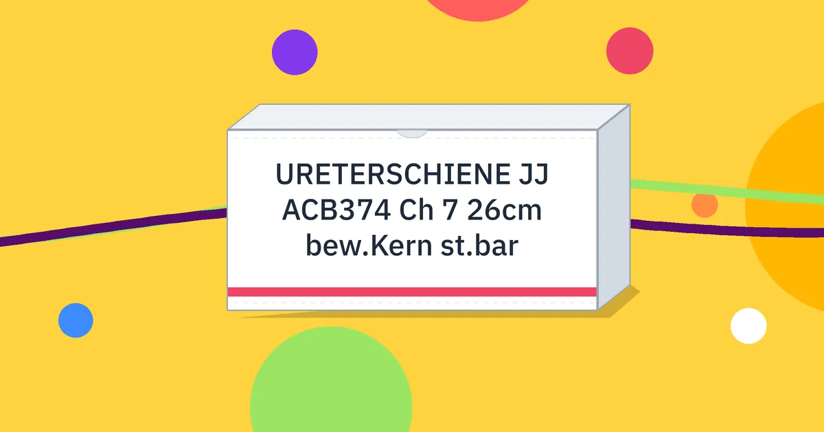 Symbolbild: Packung mit der Aufschrift URETERSCHIENE JJ ACB374 Ch 7 26cm bew.Kern st.bar (PZN 00752421) – Verfügbarkeit und Bezug in Apotheken in Frankfurt am Main