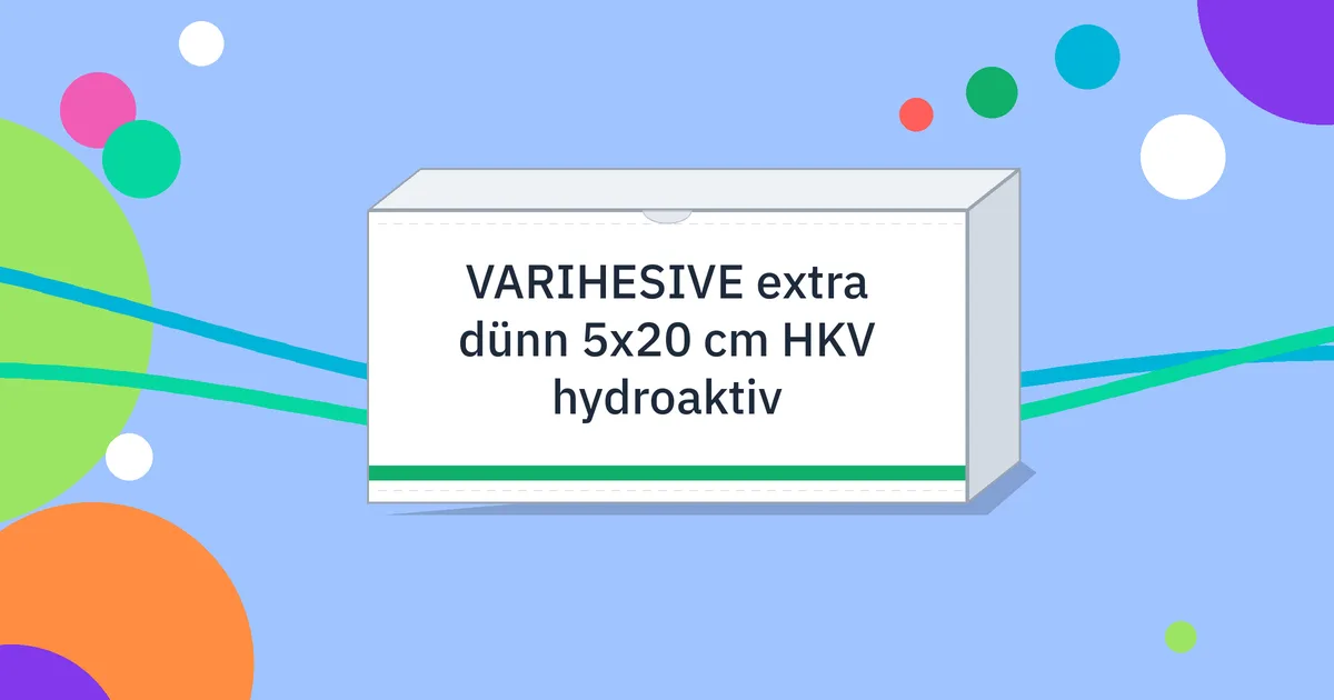 Symbolbild: Packung mit der Aufschrift VARIHESIVE extra dünn 5x20 cm HKV hydroaktiv (PZN 03892683) – Verfügbarkeit und Bezug in Apotheken in Frankfurt am Main