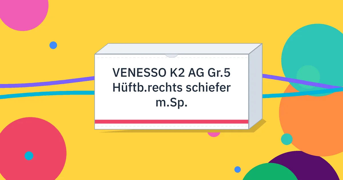 Symbolbild: Packung mit der Aufschrift VENESSO K2 AG Gr.5 Hüftb.rechts schiefer m.Sp. (PZN 03274620) – Verfügbarkeit und Bezug in Apotheken in Frankfurt am Main