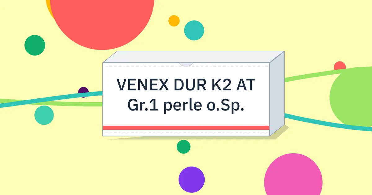 Symbolbild: Packung mit der Aufschrift VENEX DUR K2 AT Gr.1 perle o.Sp. (PZN 03223048) – Verfügbarkeit und Bezug in Apotheken in Frankfurt am Main