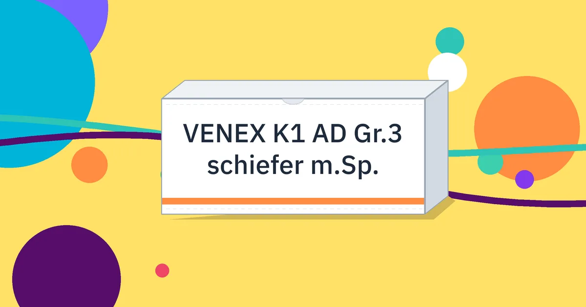 Symbolbild: Packung mit der Aufschrift VENEX K1 AD Gr.3 schiefer m.Sp. (PZN 03184176) – Verfügbarkeit und Bezug in Apotheken in Frankfurt am Main