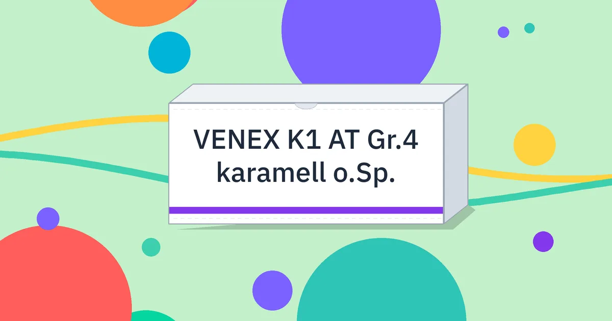 Symbolbild: Packung mit der Aufschrift VENEX K1 AT Gr.4 karamell o.Sp. (PZN 13759264) – Verfügbarkeit und Bezug in Apotheken in Frankfurt am Main