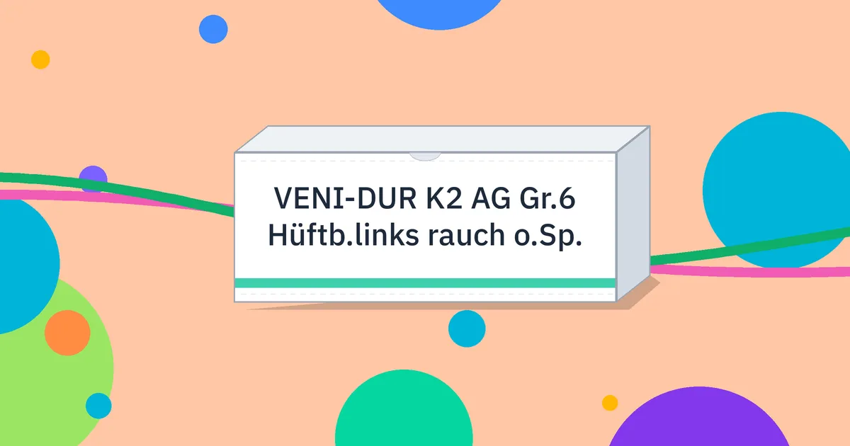 Symbolbild: Packung mit der Aufschrift VENI-DUR K2 AG Gr.6 Hüftb.links rauch o.Sp. (PZN 03253204) – Verfügbarkeit und Bezug in Apotheken in Frankfurt am Main