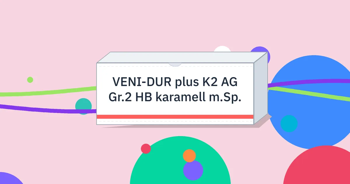 Symbolbild: Packung mit der Aufschrift VENI-DUR plus K2 AG Gr.2 HB karamell m.Sp. (PZN 13756716) – Verfügbarkeit und Bezug in Apotheken in Frankfurt am Main