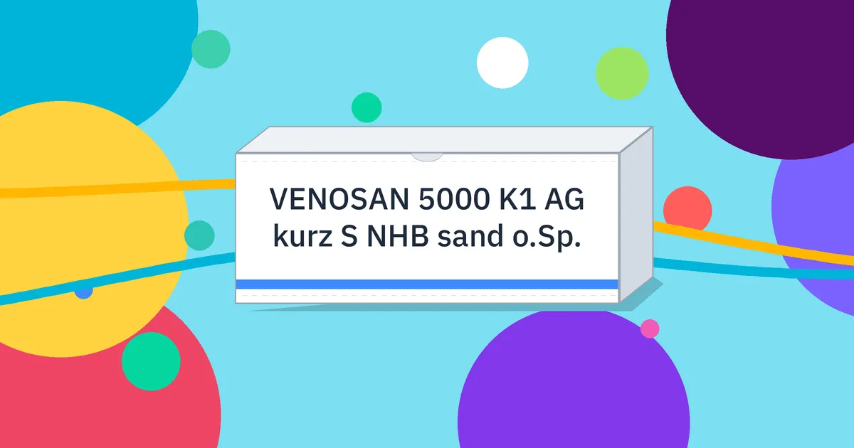 Symbolbild: Packung mit der Aufschrift VENOSAN 5000 K1 AG kurz S NHB sand o.Sp. (PZN 14428428) – Verfügbarkeit und Bezug in Apotheken in Frankfurt am Main