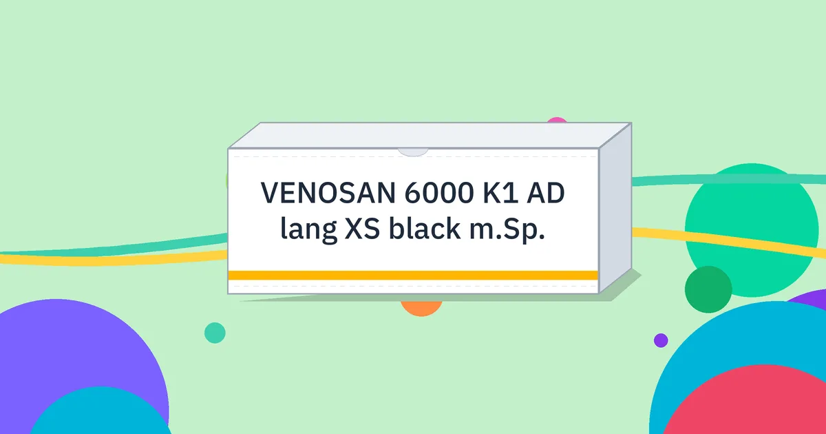Symbolbild: Packung mit der Aufschrift VENOSAN 6000 K1 AD lang XS black m.Sp. (PZN 17171303) – Verfügbarkeit und Bezug in Apotheken in Frankfurt am Main