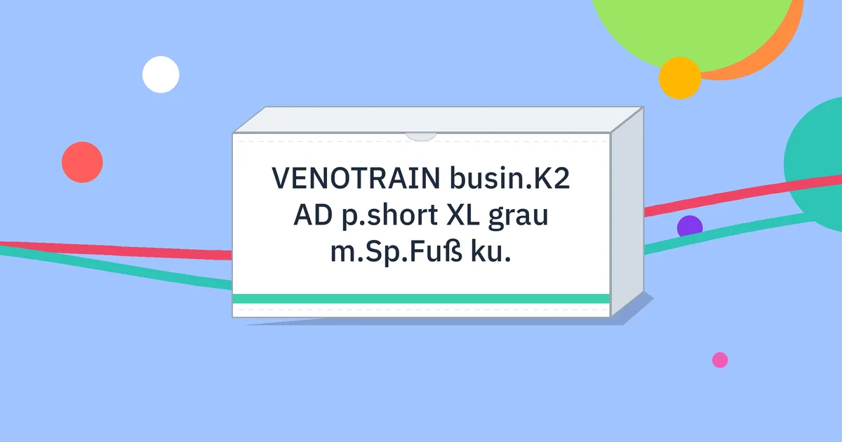 Symbolbild: Packung mit der Aufschrift VENOTRAIN busin.K2 AD p.short XL grau m.Sp.Fuß ku. (PZN 19057669) – Verfügbarkeit und Bezug in Apotheken in Frankfurt am Main