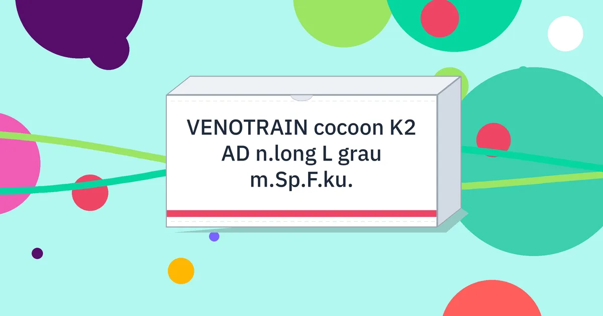 Symbolbild: Packung mit der Aufschrift VENOTRAIN cocoon K2 AD n.long L grau m.Sp.F.ku. (PZN 19198588) – Verfügbarkeit und Bezug in Apotheken in Frankfurt am Main