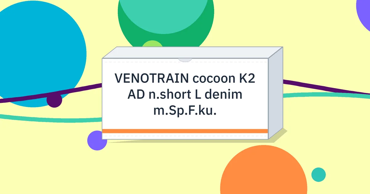 Symbolbild: Packung mit der Aufschrift VENOTRAIN cocoon K2 AD n.short L denim m.Sp.F.ku. (PZN 19198909) – Verfügbarkeit und Bezug in Apotheken in Frankfurt am Main