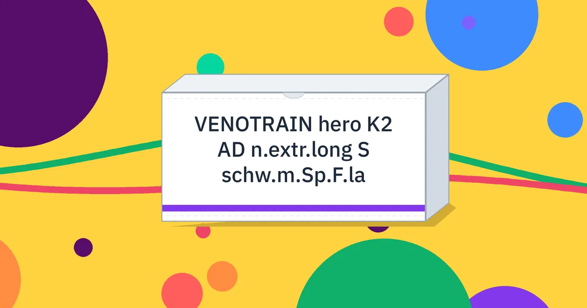 Symbolbild: Packung mit der Aufschrift VENOTRAIN hero K2 AD n.extr.long S schw.m.Sp.F.la (PZN 19189945) – Verfügbarkeit und Bezug in Apotheken in Frankfurt am Main