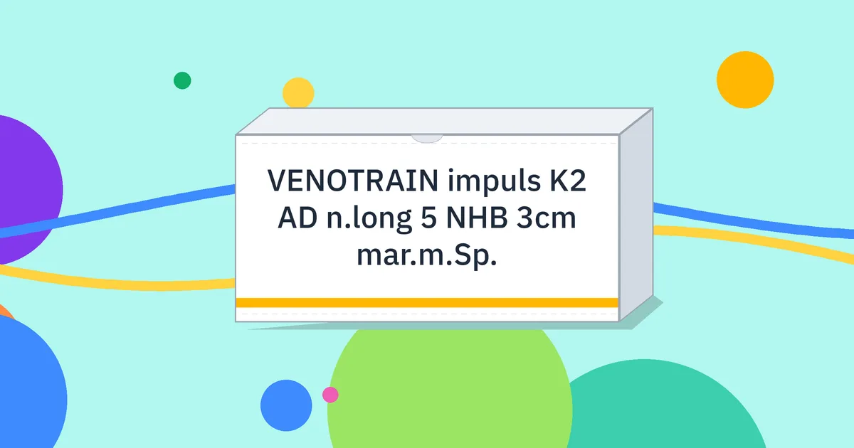 Symbolbild: Packung mit der Aufschrift VENOTRAIN impuls K2 AD n.long 5 NHB 3cm mar.m.Sp. (PZN 15223527) – Verfügbarkeit und Bezug in Apotheken in Frankfurt am Main