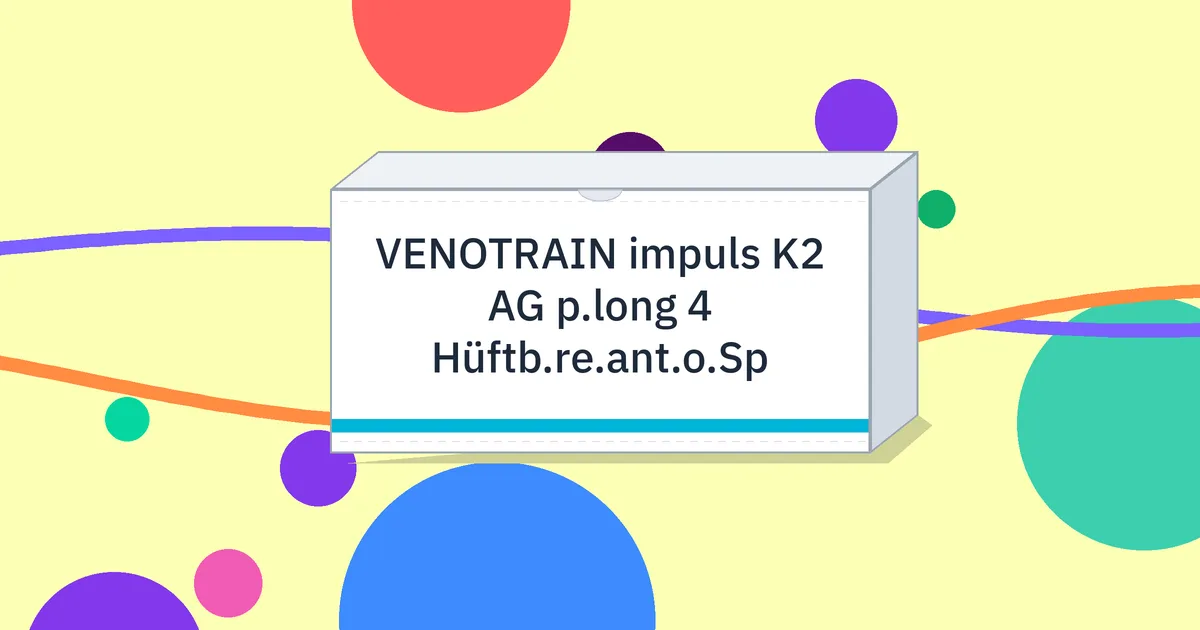 Symbolbild: Packung mit der Aufschrift VENOTRAIN impuls K2 AG p.long 4 Hüftb.re.ant.o.Sp (PZN 15217484) – Verfügbarkeit und Bezug in Apotheken in Frankfurt am Main