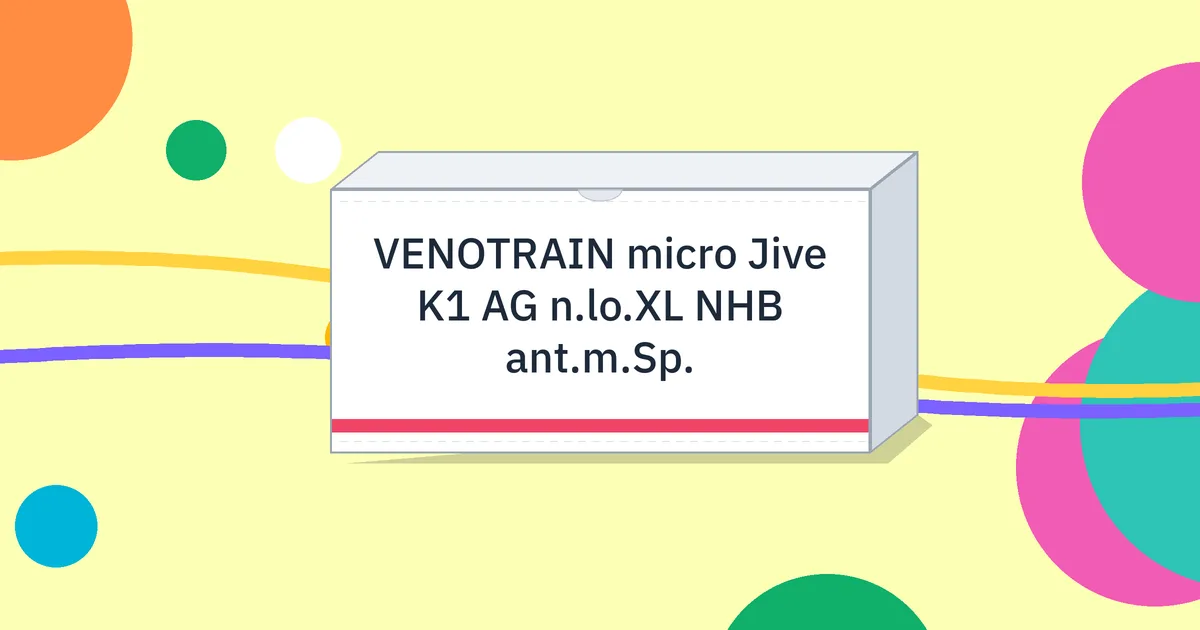 Symbolbild: Packung mit der Aufschrift VENOTRAIN micro Jive K1 AG n.lo.XL NHB ant.m.Sp. (PZN 17766539) – Verfügbarkeit und Bezug in Apotheken in Frankfurt am Main