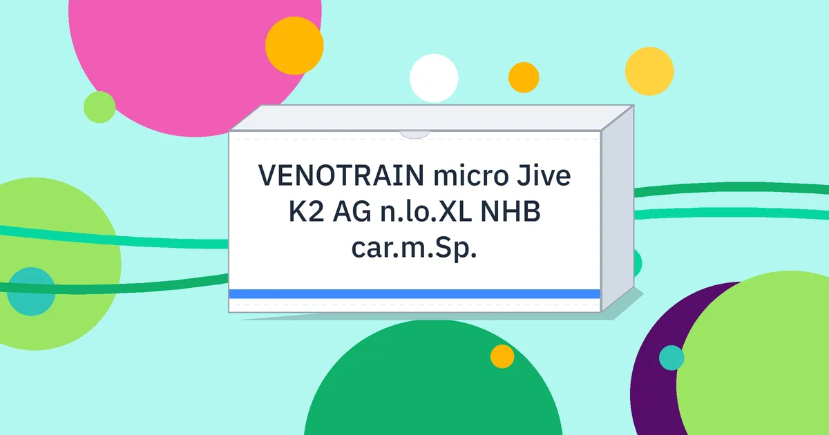 Symbolbild: Packung mit der Aufschrift VENOTRAIN micro Jive K2 AG n.lo.XL NHB car.m.Sp. (PZN 17764397) – Verfügbarkeit und Bezug in Apotheken in Frankfurt am Main