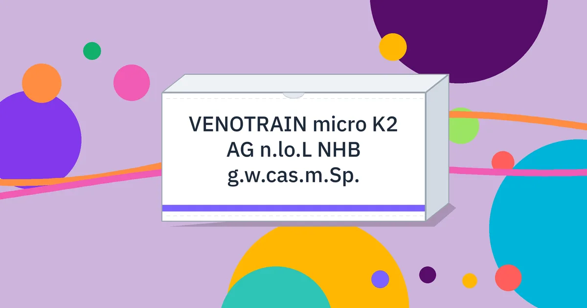 Symbolbild: Packung mit der Aufschrift VENOTRAIN micro K2 AG n.lo.L NHB g.w.cas.m.Sp. (PZN 20761623) – Verfügbarkeit und Bezug in Apotheken in Frankfurt am Main