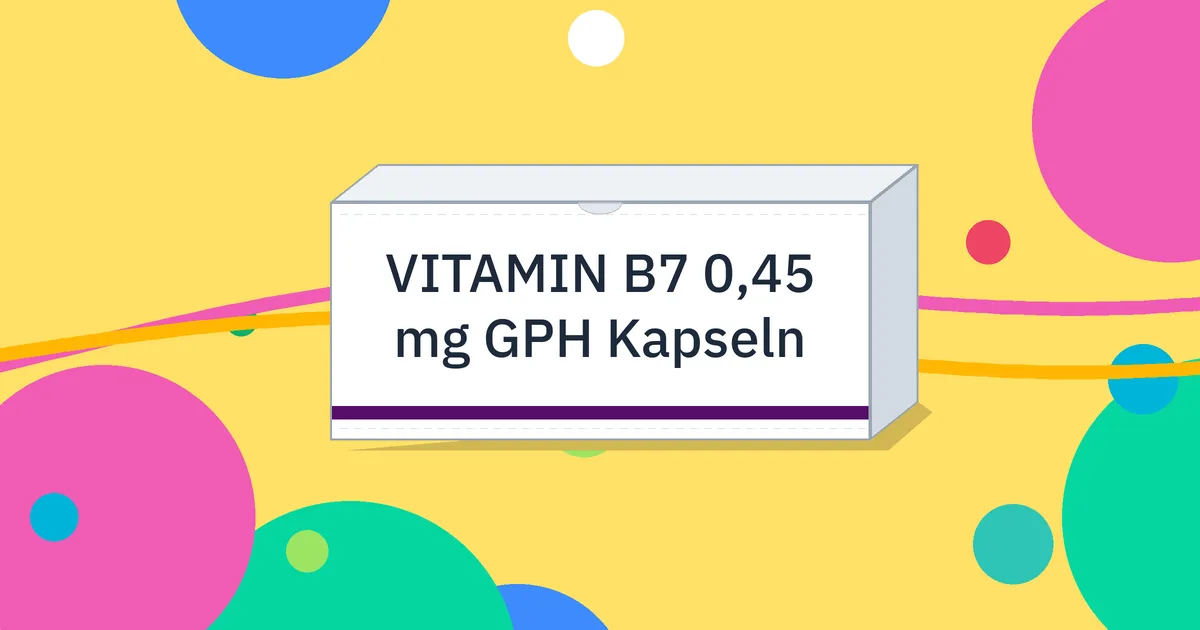 Symbolbild: Packung mit der Aufschrift VITAMIN B7 0,45 mg GPH Kapseln (PZN 09749567) – Verfügbarkeit und Bezug in Apotheken in Frankfurt am Main