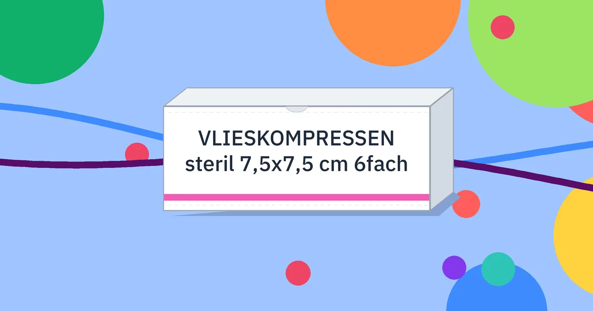 Symbolbild: Packung mit der Aufschrift VLIESKOMPRESSEN steril 7,5x7,5 cm 6fach (PZN 18021043) – Verfügbarkeit und Bezug in Apotheken in Frankfurt am Main