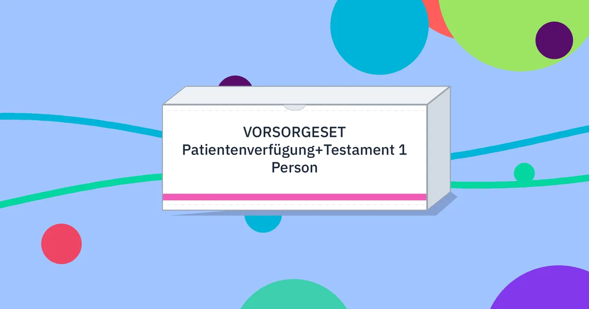 Symbolbild: Packung mit der Aufschrift VORSORGESET Patientenverfügung+Testament 1 Person (PZN 19923322) – Verfügbarkeit und Bezug in Apotheken in Frankfurt am Main