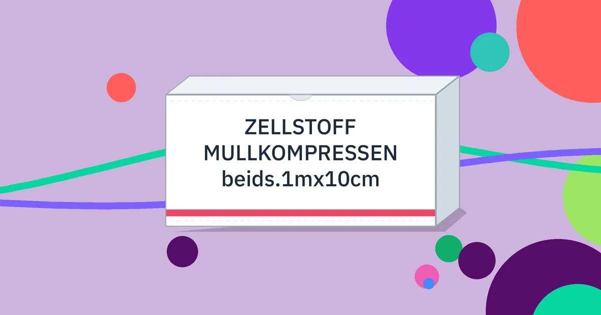 Symbolbild: Packung mit der Aufschrift ZELLSTOFF MULLKOMPRESSEN beids.1mx10cm (PZN 01722988) – Verfügbarkeit und Bezug in Apotheken in Frankfurt am Main