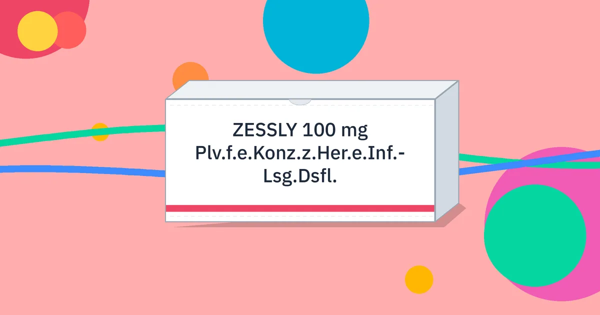Symbolbild: Packung mit der Aufschrift ZESSLY 100 mg Plv.f.e.Konz.z.Her.e.Inf.-Lsg.Dsfl. (PZN 17468598) – Verfügbarkeit und Bezug in Apotheken in Frankfurt am Main