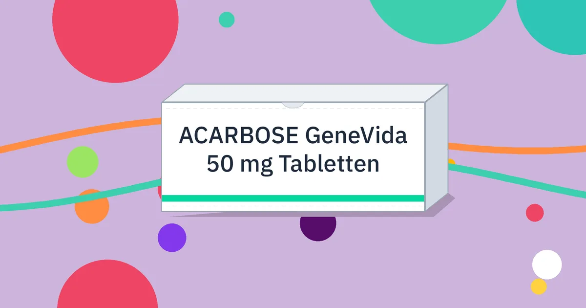 Symbolbild: Packung mit der Aufschrift ACARBOSE GeneVida 50 mg Tabletten (PZN 10979491) – Verfügbarkeit und Bezug in Apotheken in Frankfurt am Main