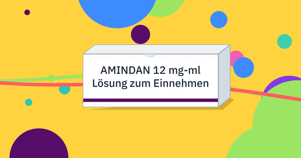 Symbolbild: Packung mit der Aufschrift AMINDAN 12 mg-ml Lösung zum Einnehmen (PZN 17490497) – Verfügbarkeit und Bezug in Apotheken in Frankfurt am Main