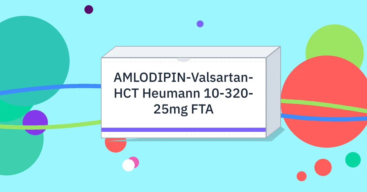 Symbolbild: Packung mit der Aufschrift AMLODIPIN-Valsartan-HCT Heumann 10-320-25mg FTA (PZN 14235735) – Verfügbarkeit und Bezug in Apotheken in Frankfurt am Main