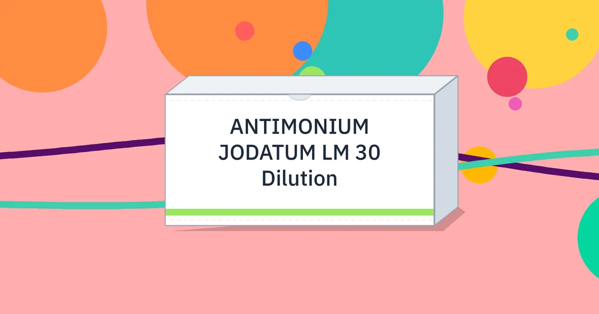 Symbolbild: Packung mit der Aufschrift ANTIMONIUM JODATUM LM 30 Dilution (PZN 12764435) – Verfügbarkeit und Bezug in Apotheken in Frankfurt am Main