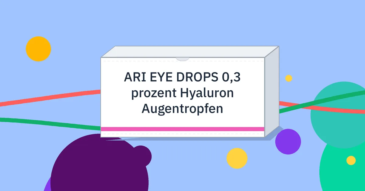 Symbolbild: Packung mit der Aufschrift ARI EYE DROPS 0,3 prozent Hyaluron Augentropfen (PZN 16848620) – Verfügbarkeit und Bezug in Apotheken in Frankfurt am Main