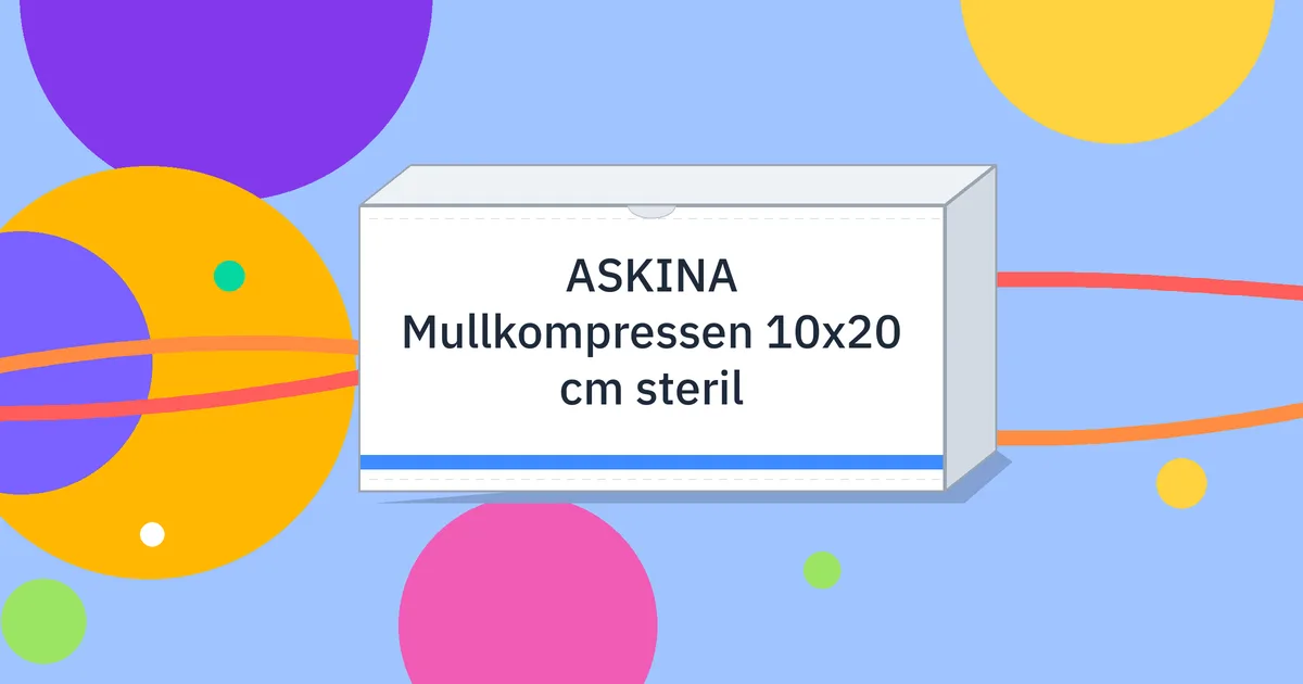 Symbolbild: Packung mit der Aufschrift ASKINA Mullkompressen 10x20 cm steril (PZN 12735669) – Verfügbarkeit und Bezug in Apotheken in Frankfurt am Main
