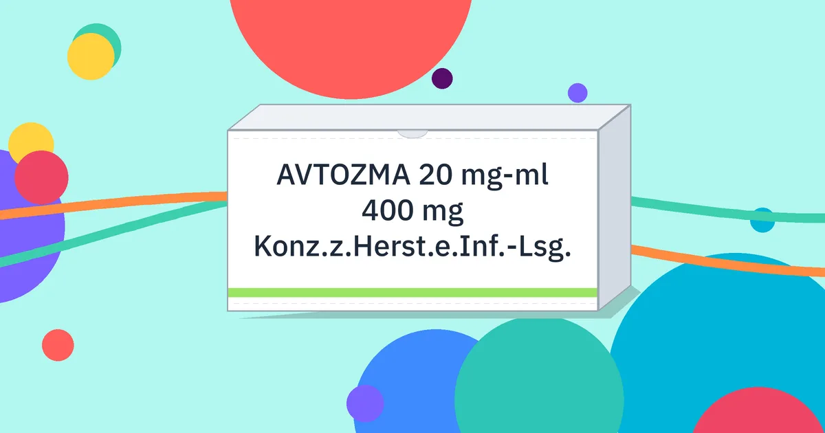 Symbolbild: Packung mit der Aufschrift AVTOZMA 20 mg-ml 400 mg Konz.z.Herst.e.Inf.-Lsg. (PZN 19499829) – Verfügbarkeit und Bezug in Apotheken in Frankfurt am Main