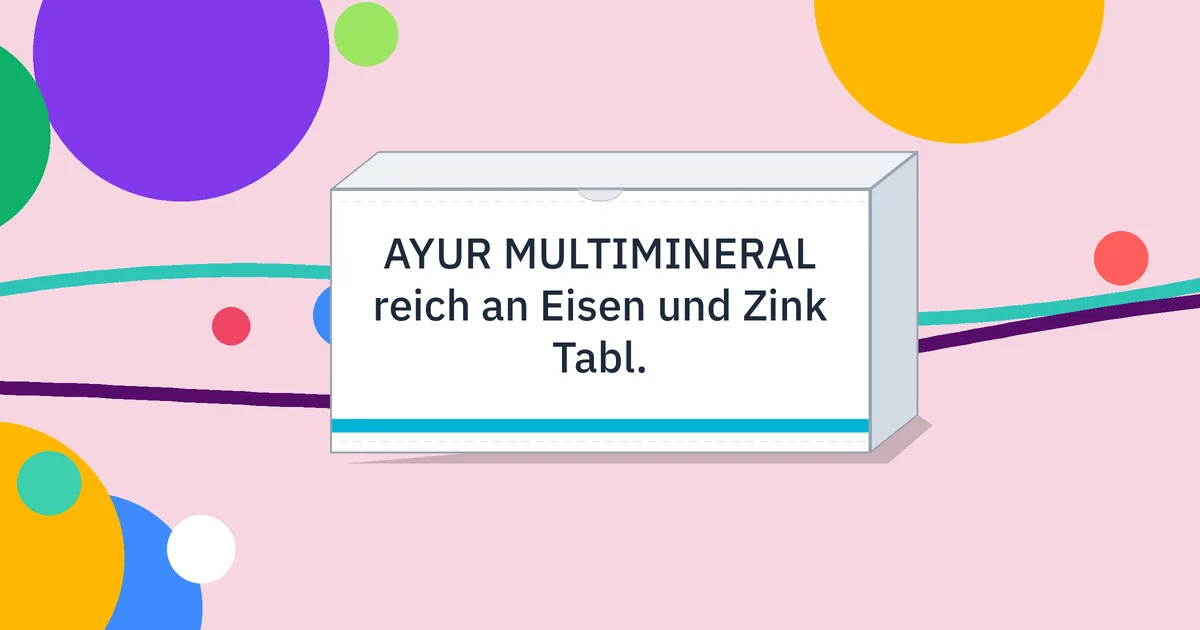Symbolbild: Packung mit der Aufschrift AYUR MULTIMINERAL reich an Eisen und Zink Tabl. (PZN 17874370) – Verfügbarkeit und Bezug in Apotheken in Frankfurt am Main