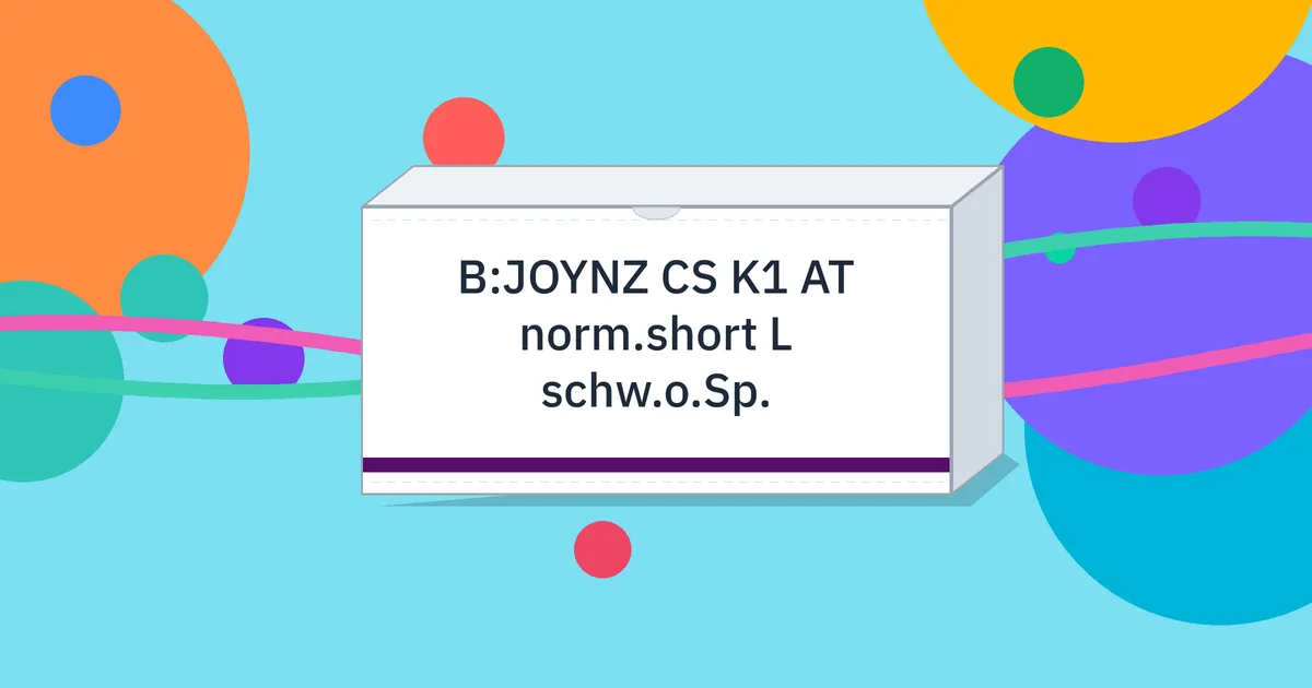 Symbolbild: Packung mit der Aufschrift B:JOYNZ CS K1 AT norm.short L schw.o.Sp. (PZN 20537328) – Verfügbarkeit und Bezug in Apotheken in Frankfurt am Main