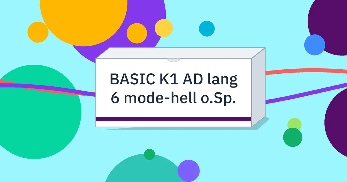 Symbolbild: Packung mit der Aufschrift BASIC K1 AD lang 6 mode-hell o.Sp. (PZN 20259177) – Verfügbarkeit und Bezug in Apotheken in Frankfurt am Main