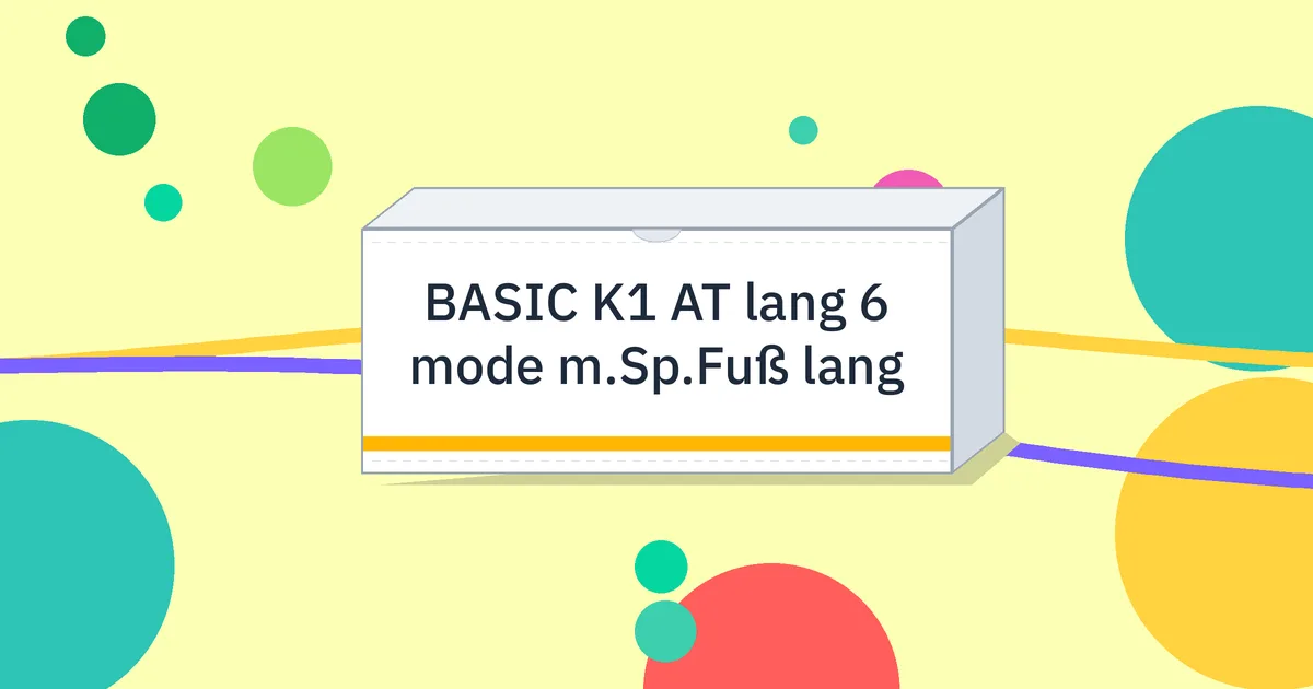 Symbolbild: Packung mit der Aufschrift BASIC K1 AT lang 6 mode m.Sp.Fuß lang (PZN 20263345) – Verfügbarkeit und Bezug in Apotheken in Frankfurt am Main