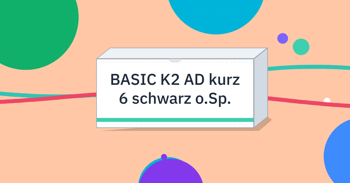Symbolbild: Packung mit der Aufschrift BASIC K2 AD kurz 6 schwarz o.Sp. (PZN 20265611) – Verfügbarkeit und Bezug in Apotheken in Frankfurt am Main