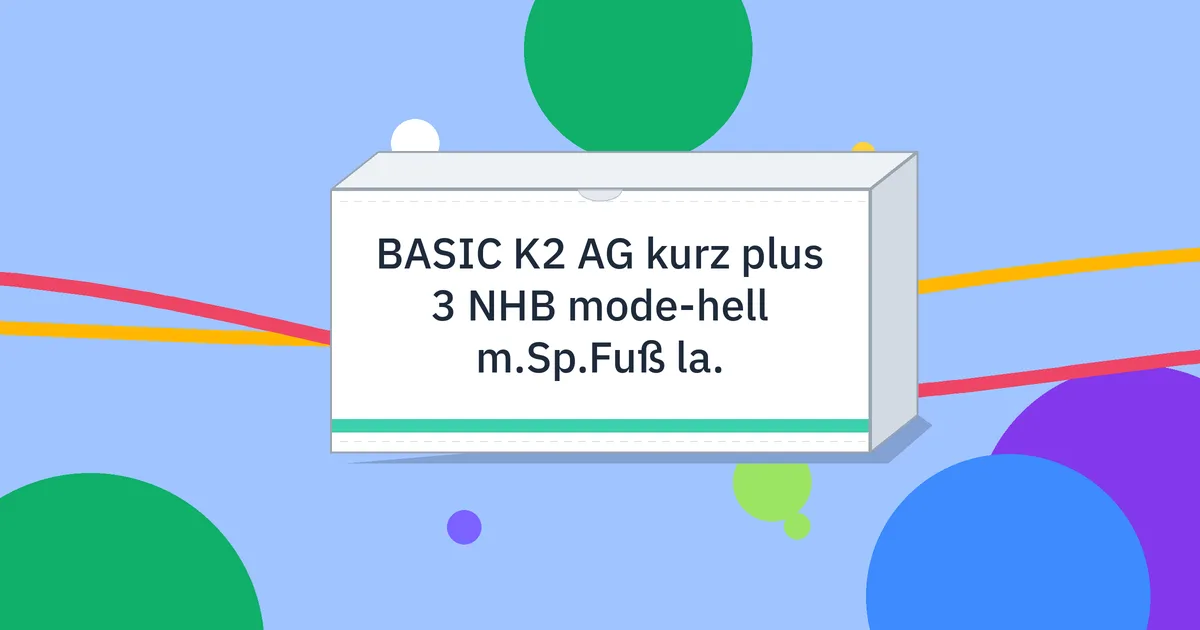 Symbolbild: Packung mit der Aufschrift BASIC K2 AG kurz plus 3 NHB mode-hell m.Sp.Fuß la. (PZN 20267202) – Verfügbarkeit und Bezug in Apotheken in Frankfurt am Main