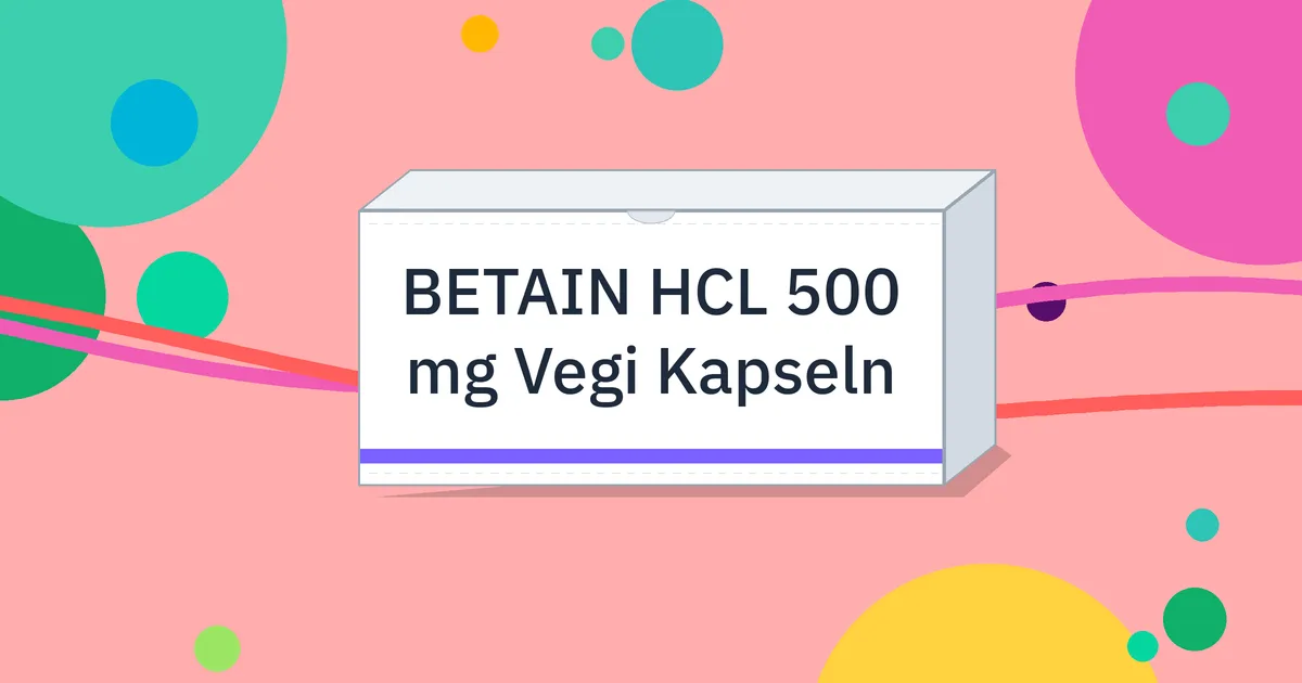 Symbolbild: Packung mit der Aufschrift BETAIN HCL 500 mg Vegi Kapseln (PZN 15245486) – Verfügbarkeit und Bezug in Apotheken in Frankfurt am Main