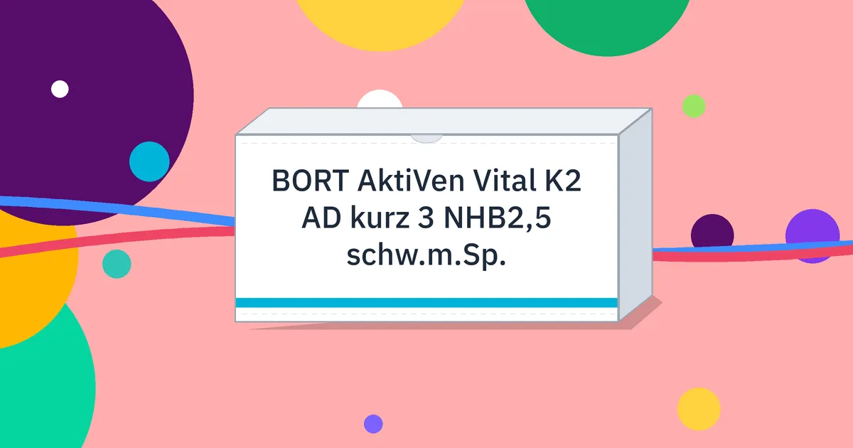 Symbolbild: Packung mit der Aufschrift BORT AktiVen Vital K2 AD kurz 3 NHB2,5 schw.m.Sp. (PZN 17498145) – Verfügbarkeit und Bezug in Apotheken in Frankfurt am Main
