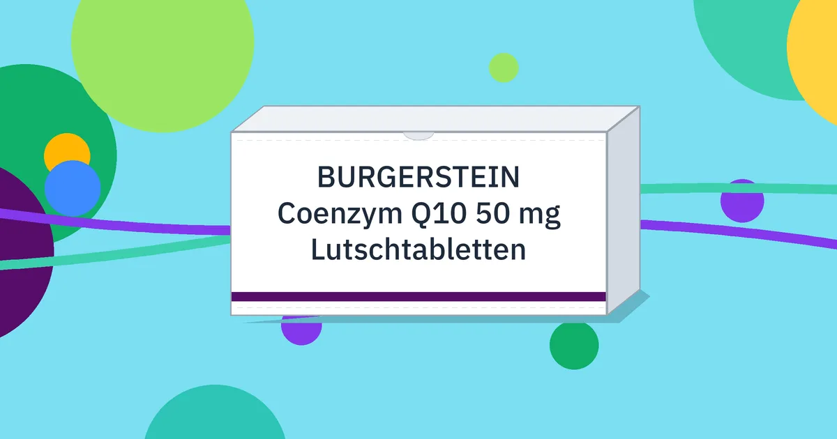 Symbolbild: Packung mit der Aufschrift BURGERSTEIN Coenzym Q10 50 mg Lutschtabletten (PZN 17521051) – Verfügbarkeit und Bezug in Apotheken in Frankfurt am Main