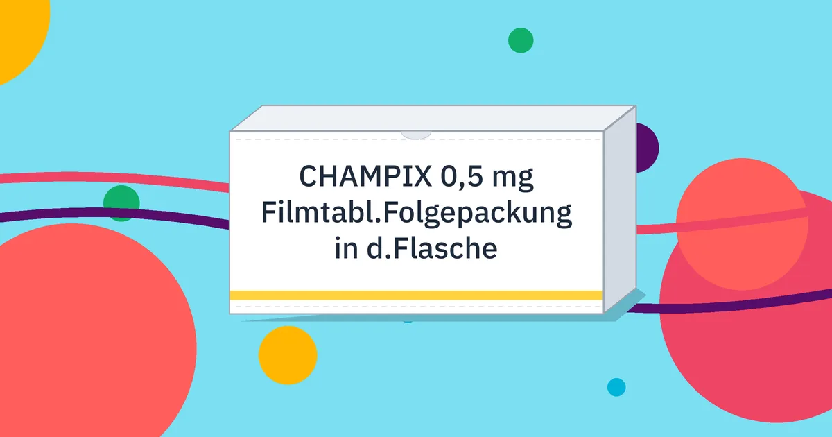 Symbolbild: Packung mit der Aufschrift CHAMPIX 0,5 mg Filmtabl.Folgepackung in d.Flasche (PZN 20328607) – Verfügbarkeit und Bezug in Apotheken in Frankfurt am Main