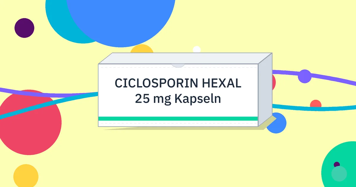Symbolbild: Packung mit der Aufschrift CICLOSPORIN HEXAL 25 mg Kapseln (PZN 00747360) – Verfügbarkeit und Bezug in Apotheken in Frankfurt am Main