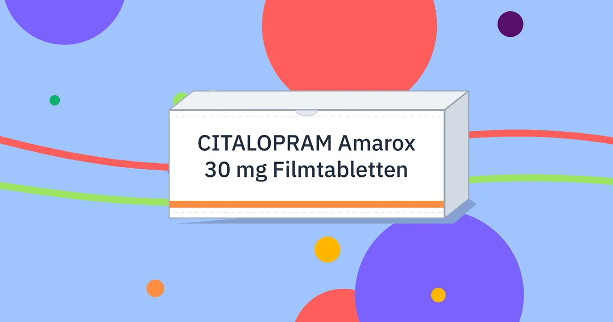 Symbolbild: Packung mit der Aufschrift CITALOPRAM Amarox 30 mg Filmtabletten (PZN 17907543) – Verfügbarkeit und Bezug in Apotheken in Frankfurt am Main