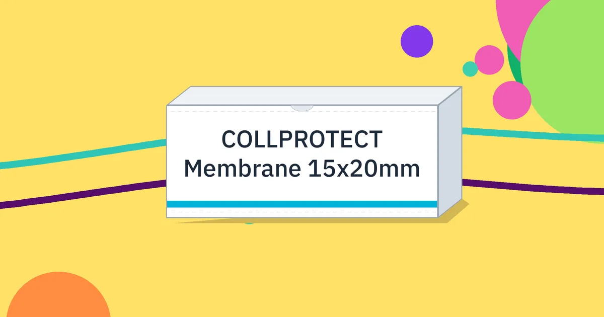 Symbolbild: Packung mit der Aufschrift COLLPROTECT Membrane 15x20mm (PZN 08853624) – Verfügbarkeit und Bezug in Apotheken in Frankfurt am Main