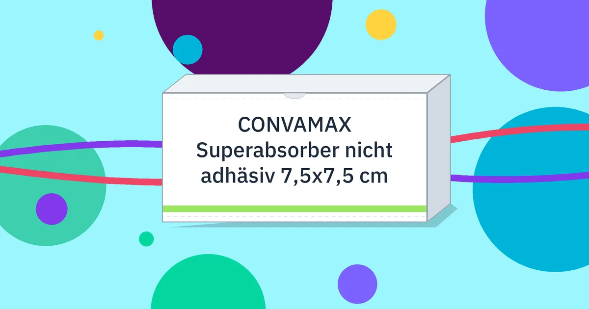 Symbolbild: Packung mit der Aufschrift CONVAMAX Superabsorber nicht adhäsiv 7,5x7,5 cm (PZN 18037564) – Verfügbarkeit und Bezug in Apotheken in Frankfurt am Main