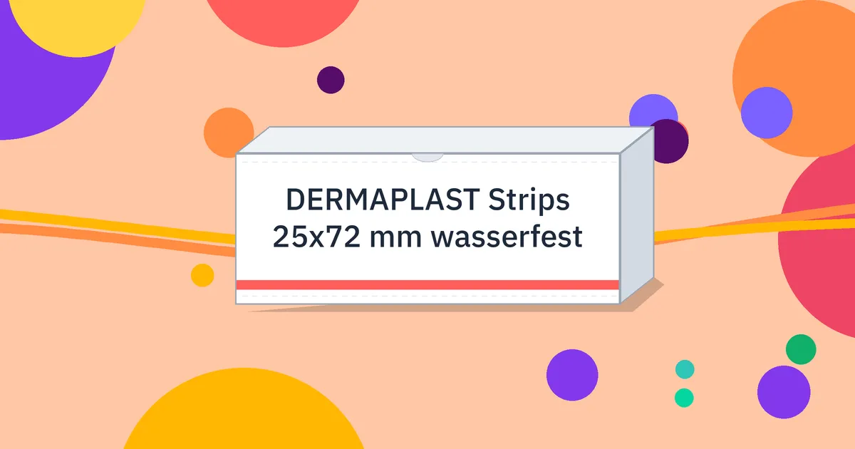 Symbolbild: Packung mit der Aufschrift DERMAPLAST Strips 25x72 mm wasserfest (PZN 12776272) – Verfügbarkeit und Bezug in Apotheken in Frankfurt am Main