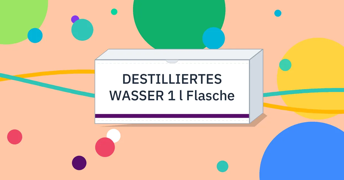 Symbolbild: Packung mit der Aufschrift DESTILLIERTES WASSER 1 l Flasche (PZN 12910718) – Verfügbarkeit und Bezug in Apotheken in Frankfurt am Main